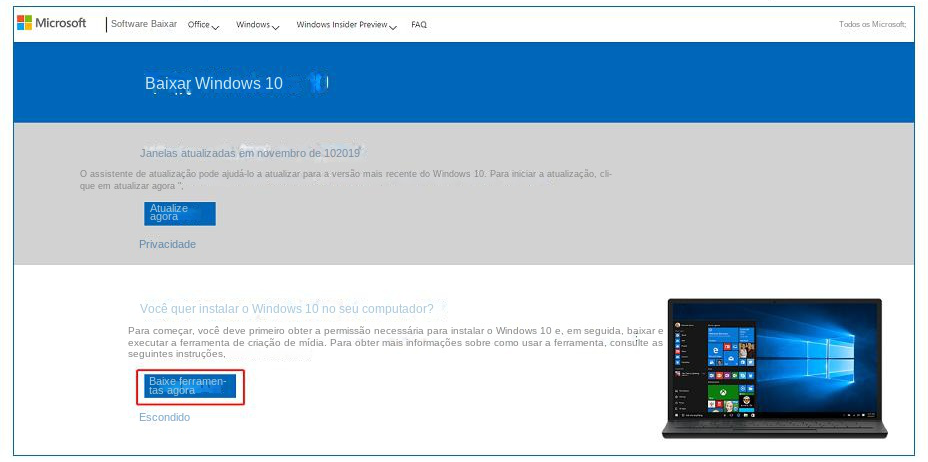Ao atualizar o Windows, ele exibe "Não é possível atualizar a partição ...